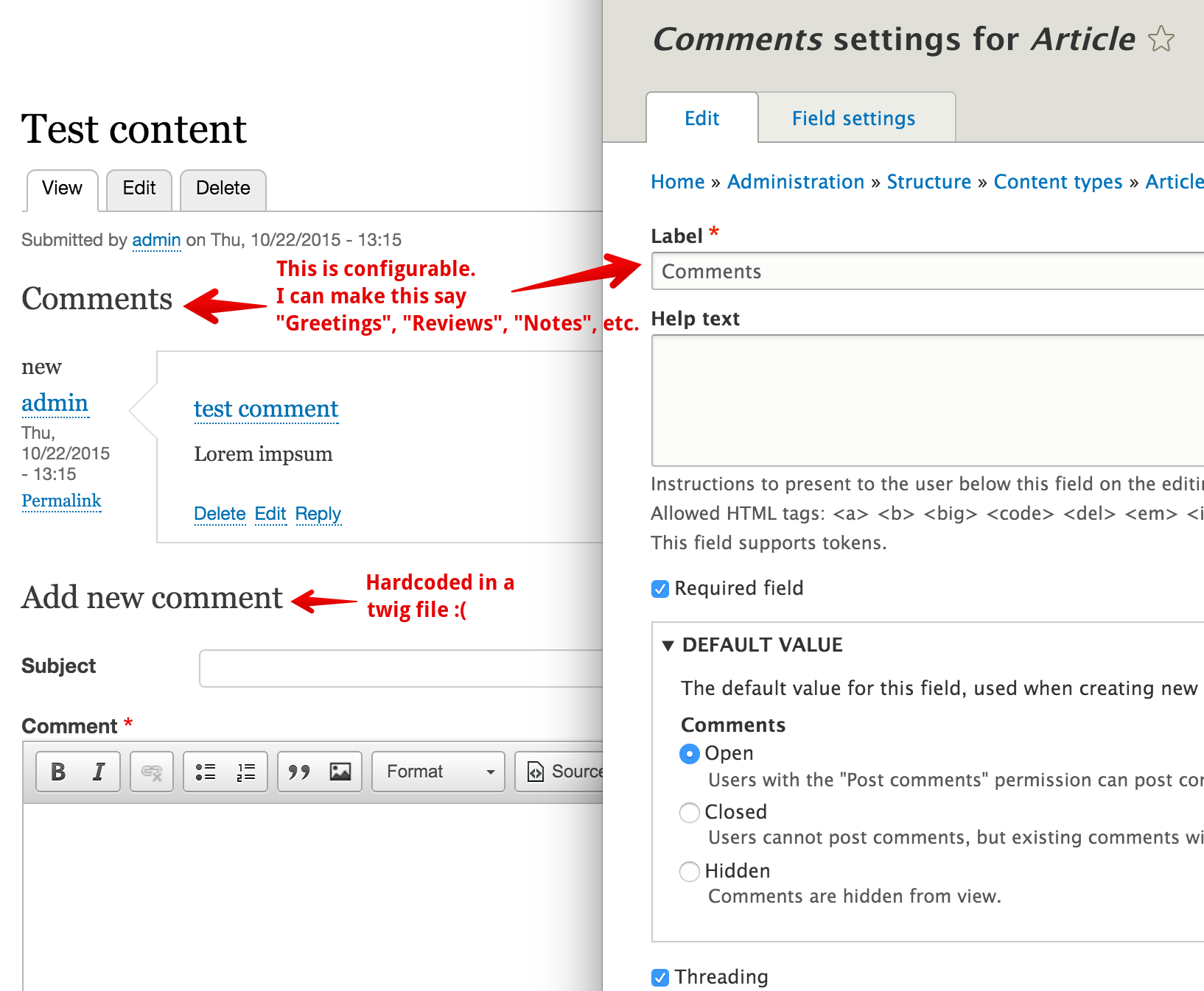 You can add a review, opinion, greeting, etc. comment type but not change the "Add new comment ...